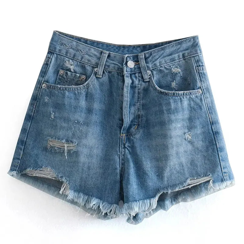 High Waist Frayed Front Button Slim Shorts Women Vintage Ripped Denim ...