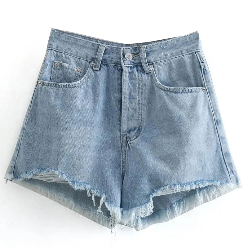 High Waist Frayed Front Button Slim Shorts Women Vintage Ripped Denim ...